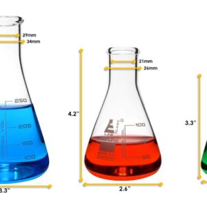 EISCO Premium Erlenmeyer Flask Set - 50ml, 100ml & 250ml Narrow Neck, White Graduations Superior Durability Chemical Resistance Borosilicate 3.3 Glass- Eisco Labs