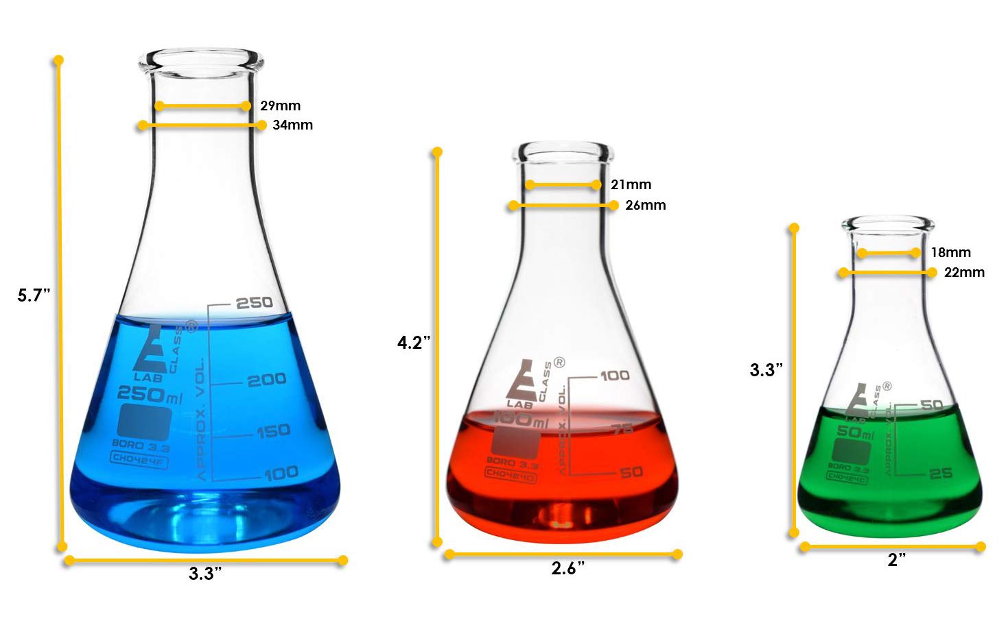 EISCO Premium Erlenmeyer Flask Set - 50ml, 100ml & 250ml Narrow Neck, White Graduations Superior Durability Chemical Resistance Borosilicate 3.3 Glass- Eisco Labs