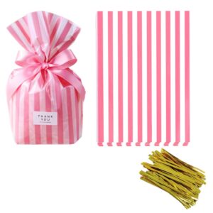 pink stripe clear cello candy favor bags,cellophane cookie treat plastic bags,with gold twist ties, pack of 50