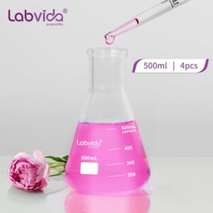 Labvida 4pcs of Vol.500ml Narrow Mouth Glass Erlenmeyer Flasks,3.3 Borocilicate with Printed Graduation, LVC004