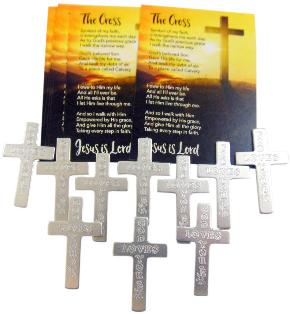 Westmon Works God Loves You Metal Pocket Cross with Holy Card Gift Set, 10 of Each