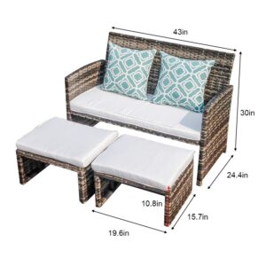 OC Orange-Casual Patio Furniture Wicker Conversation Set Pillows Included, Outdoor Loveseat Chairs with Ottomans, White Cushions w/Taupe Cushion Cover, Gray Wicker 6 Pieces