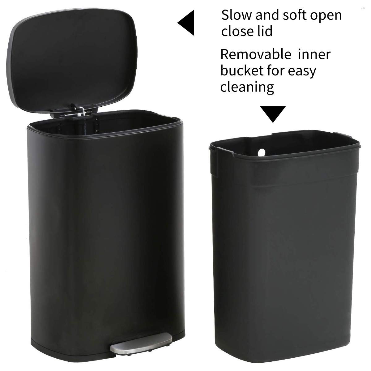 13 Gallon Steel Step Trash Can,Kitchen Trash Can with Lid & Inner Buckets , Stainless Steel Rectangular Garbage Bin , 50 L Pedal Soft Step Slow & Silent Open Close Dustbin for Kitchen, Office (Black)