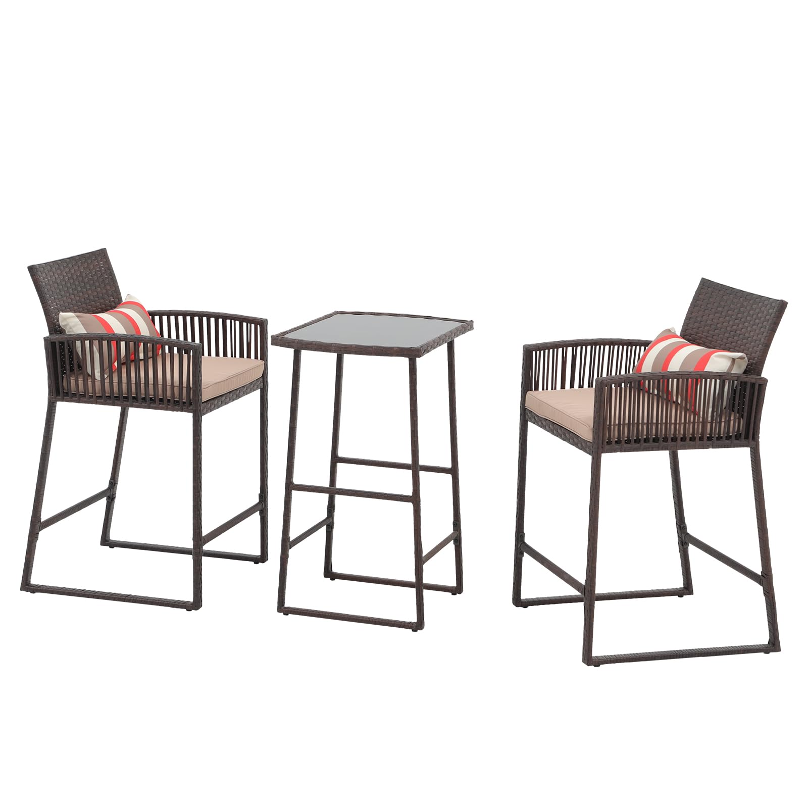 SUNSITT 3-Piece Outdoor Wicker Bar Height Table Set, 2 Bar Stools and 1 Pub Table with 2 Striped Pillows, Seat Cushions, Steel Frame