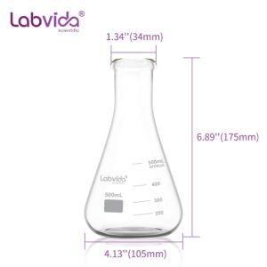 Labvida 4pcs of Vol.500ml Narrow Mouth Glass Erlenmeyer Flasks,3.3 Borocilicate with Printed Graduation, LVC004