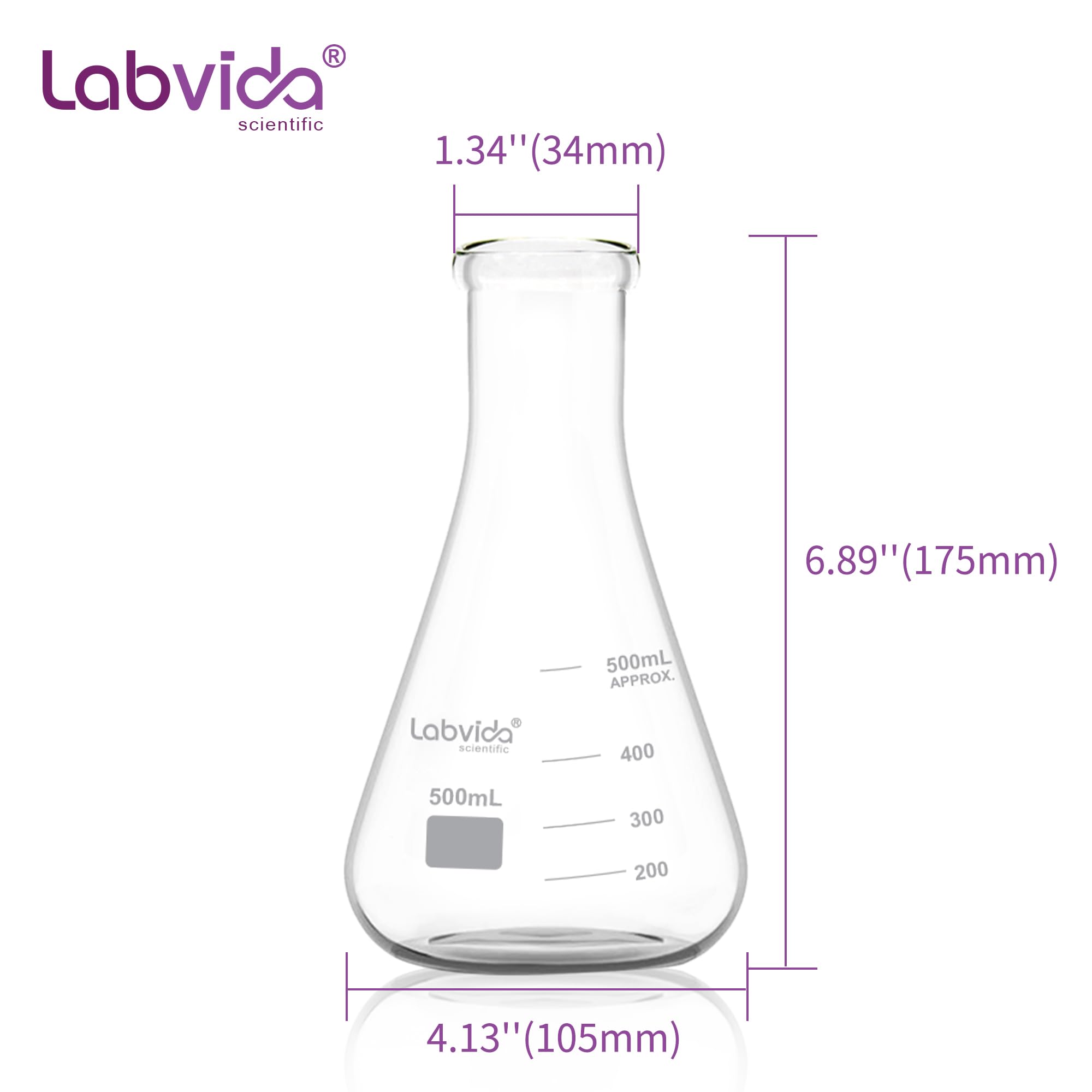 Labvida 4pcs of Vol.500ml Narrow Mouth Glass Erlenmeyer Flasks,3.3 Borocilicate with Printed Graduation, LVC004