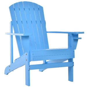 outsunny wooden adirondack chair, outdoor patio lawn chair with cup holder, weather resistant lawn furniture, classic lounge for deck, garden, backyard, fire pit, blue