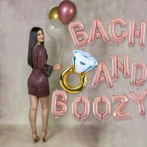 AnnoDeel Bach and Boozy Foil Balloons Banner, 16inch Rose Gold Letter Mylar Balloons Big Diamond Ring Balloon for Bride Shower Bacheloretter Party Decor