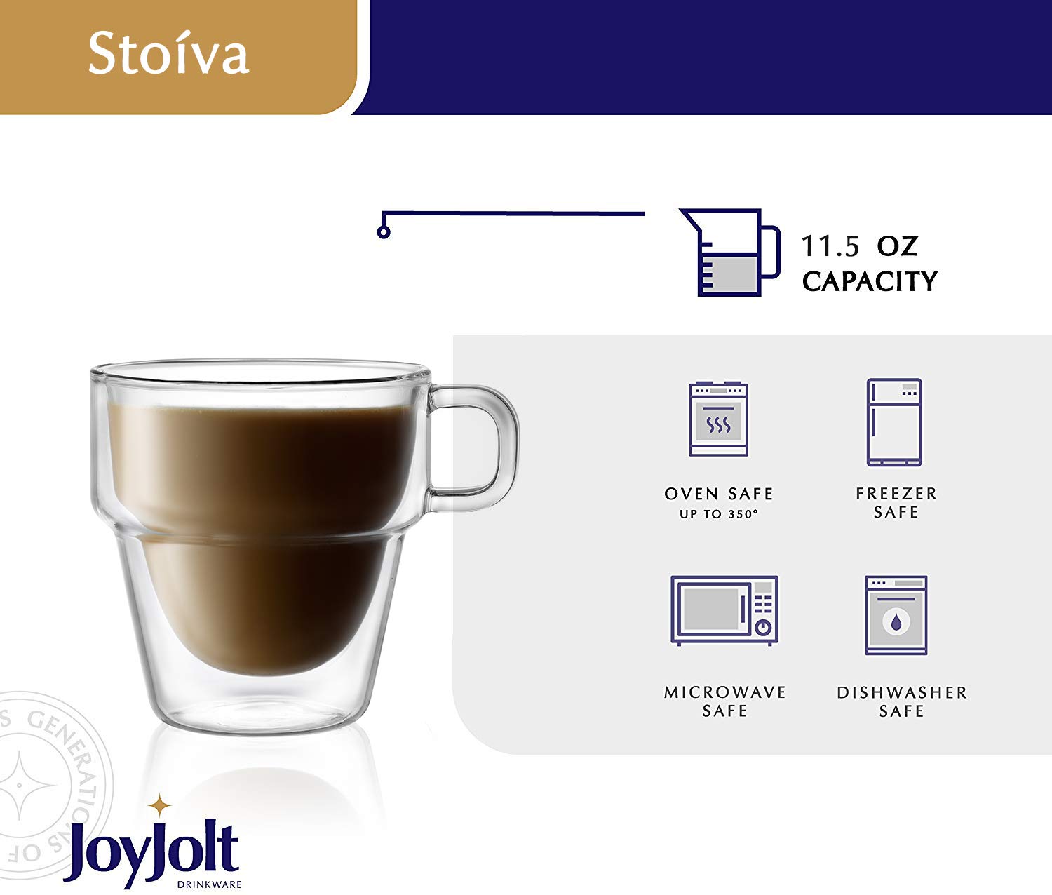 JoyJolt Stoiva Double Wall Insulated Coffee Mugs – 11.5 oz Glasses Set with Handle, Ideal for Hot and Cold Drinks – Large Mugs for Coffee, Latte, Cappuccinos, Tea – Stackable, Modern Design – Set of 4