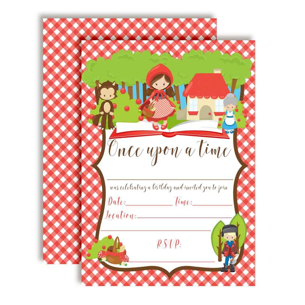 Little Red Riding Hood Fairy Tale Themed Birthday Party Invitations for Kids, 20 5x7 Fill In Cards with Twenty White Envelopes by AmandaCreation