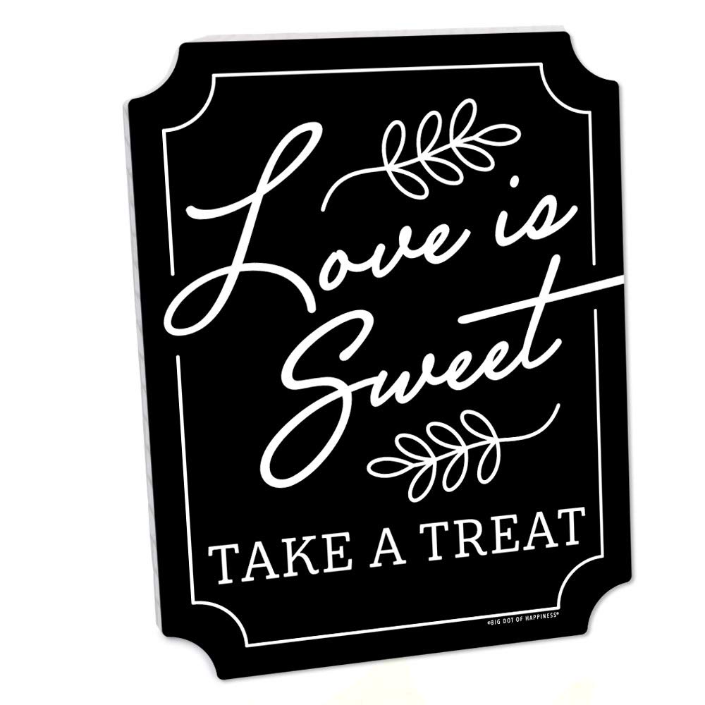 Big Dot of Happiness Black Love is Sweet Sign - Wedding Cake and Dessert Table Decorations - Printed on Sturdy Plastic Material - 10.5 x 13.75 inches - Sign with Stand - 1 Piece