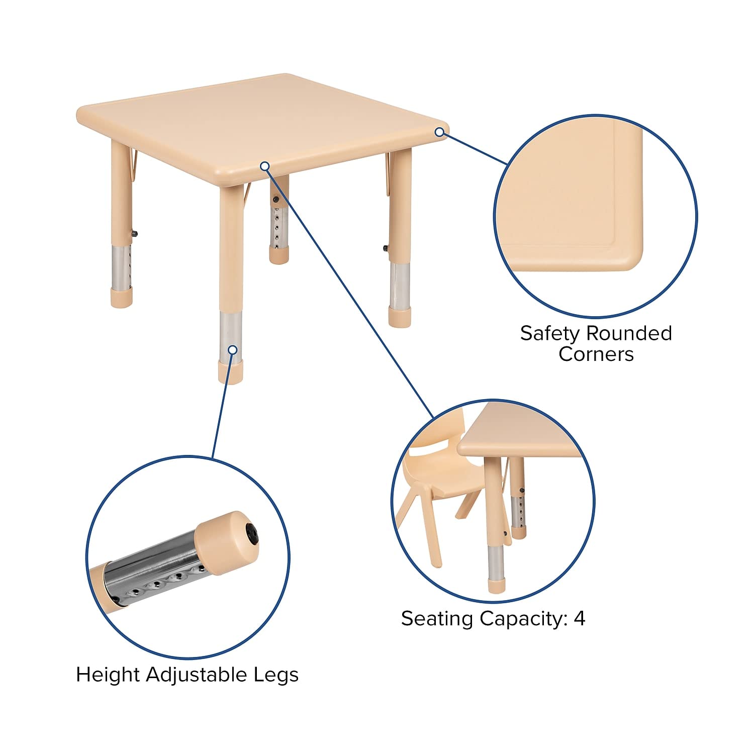 Flash Furniture 24" Square Natural Plastic Height Adjustable Activity Table Set with 4 Chairs