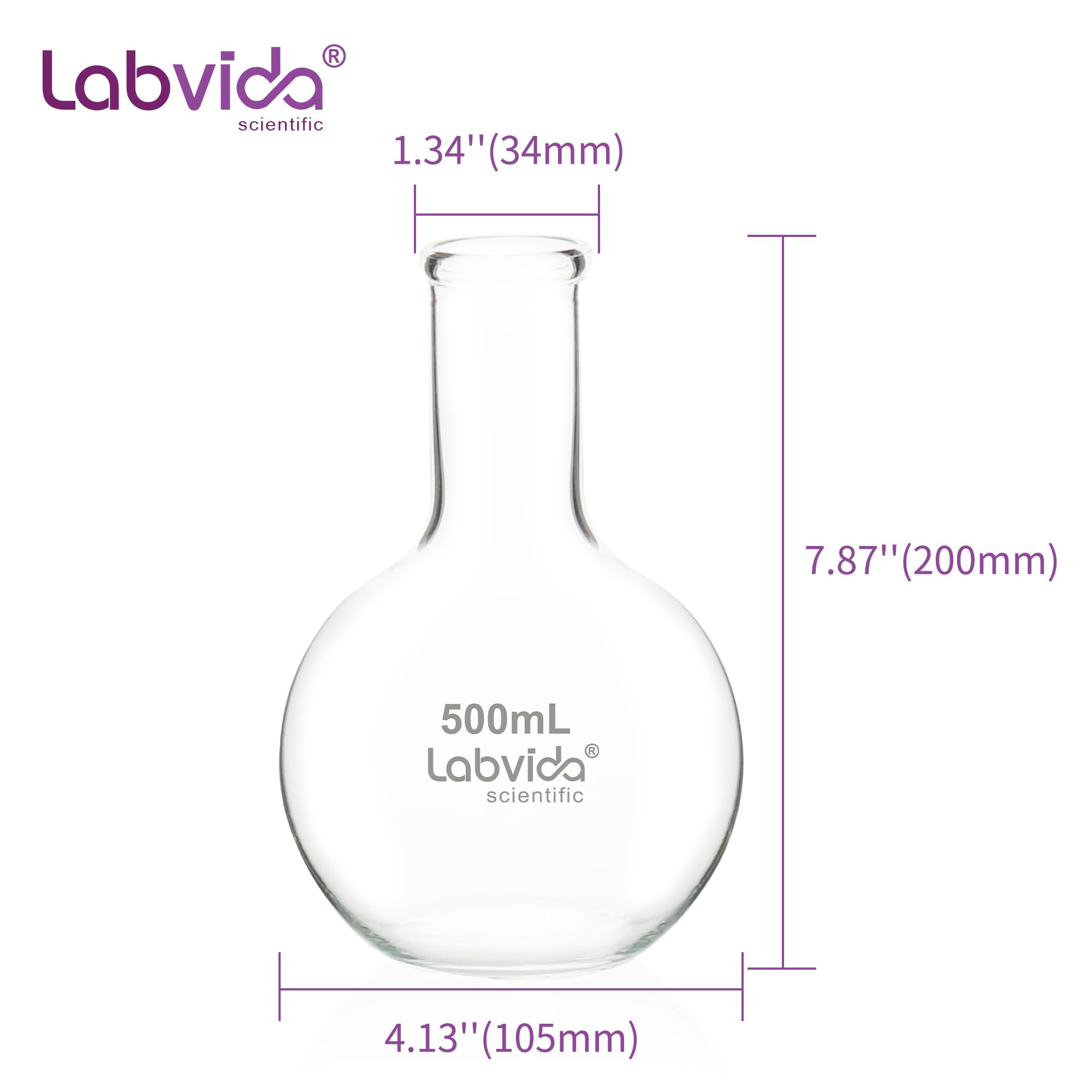 Labvida 2pcs of Glass Boiling Flasks of Flat Bottom, Vol.500ml, Borosilicate 3.3 Glass, LVD002