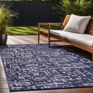 Beverly Rug Abstract Outdoor Rugs 6x9 Waterproof Reversible Plastic Straw Rug Outdoor Carpet, Outside Mat for Patio, Camping, Picnic, Porch, Deck, RV, Beach, Pool, Blue and White