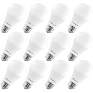 maxlite a19 led bulb, enclosed fixture rated, 75w equivalent, 1100 lumens, dimmable, e26 medium base, 2700k soft white, 12-pack