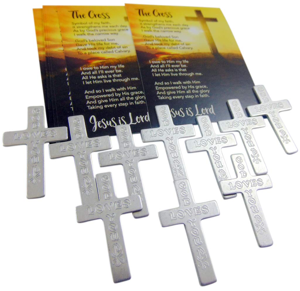 Westmon Works God Loves You Metal Pocket Cross with Holy Card Gift Set, 10 of Each