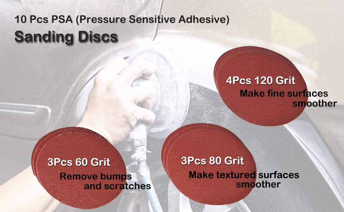 Dynastus 6-Inch Random Orbit Air Palm Sander, Dual Action Pneumatic Polisher with Vinyl PSA Backing Pad and 10pcs Sanding Discs