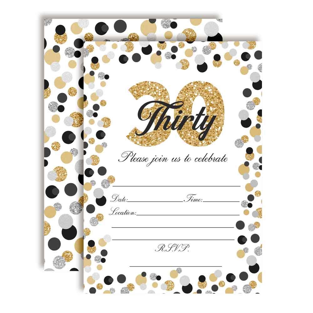 Confetti Polka Dot 30th Birthday Party Invitations, 20 5x7 Fill In Cards with Twenty White Envelopes by AmandaCreation