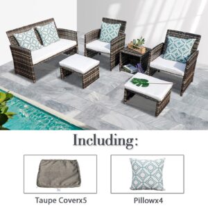 OC Orange-Casual Patio Furniture Wicker Conversation Set Pillows Included, Outdoor Loveseat Chairs with Ottomans, White Cushions w/Taupe Cushion Cover, Gray Wicker 6 Pieces