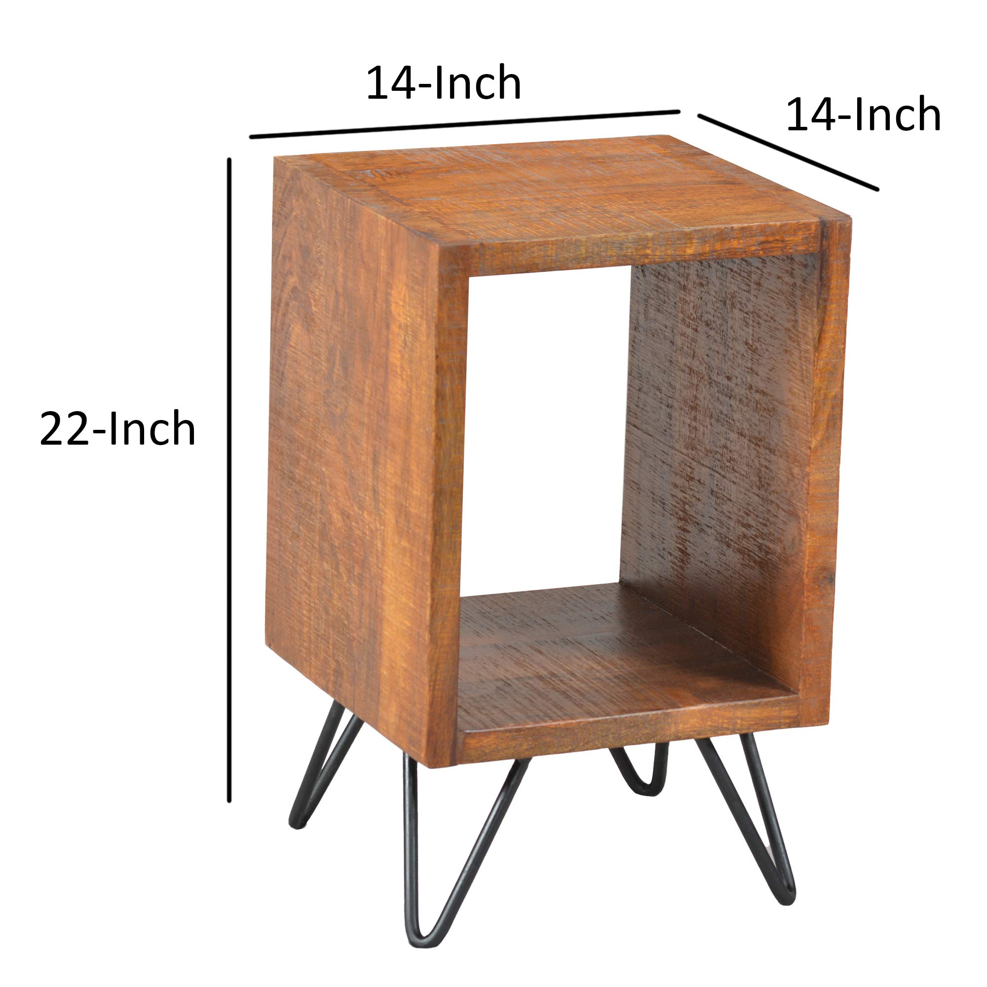 TUP THE URBAN PORT 22 Inch Textured Cube Shape Wooden Nightstand with Angular Legs, Brown and Black