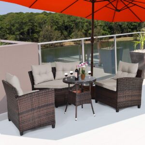 HAPPYGRILL 4PCS Curved Outdoor Sofa Set Rattan Wicker Patio Furniture Set with Coffee Table & Cushions Modern Conversation Set Curved Sofa Set for Garden Poolside Balcony