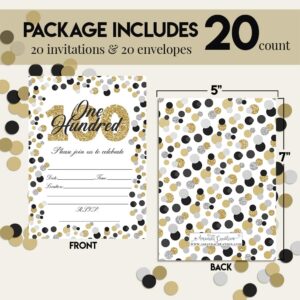 Confetti Polka Dot 100th Birthday Party Invitations, 20 5x7 Fill In Cards with Twenty White Envelopes by AmandaCreation