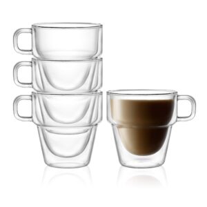 joyjolt stoiva double wall insulated coffee mugs – 11.5 oz glasses set with handle, ideal for hot and cold drinks – large mugs for coffee, latte, cappuccinos, tea – stackable, modern design – set of 4