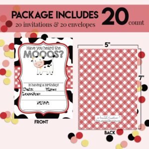 Heard the Moos Red Cow-Themed Birthday Party Invitations for Kids, 20 5x7 Fill In Cards with Twenty White Envelopes by AmandaCreation