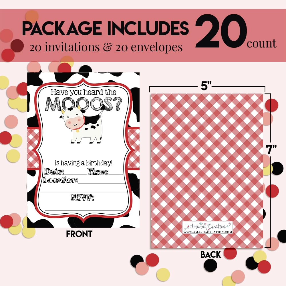 Heard the Moos Red Cow-Themed Birthday Party Invitations for Kids, 20 5x7 Fill In Cards with Twenty White Envelopes by AmandaCreation