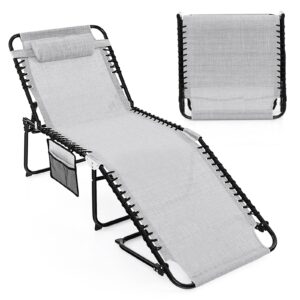 goplus chaise lounge chair outdoor, extra large folding 5-postion beach lounge chair with detachable pillow, side pocket, sunbathing lounge chair, adjustable tanning chair for patio lawn pool yard