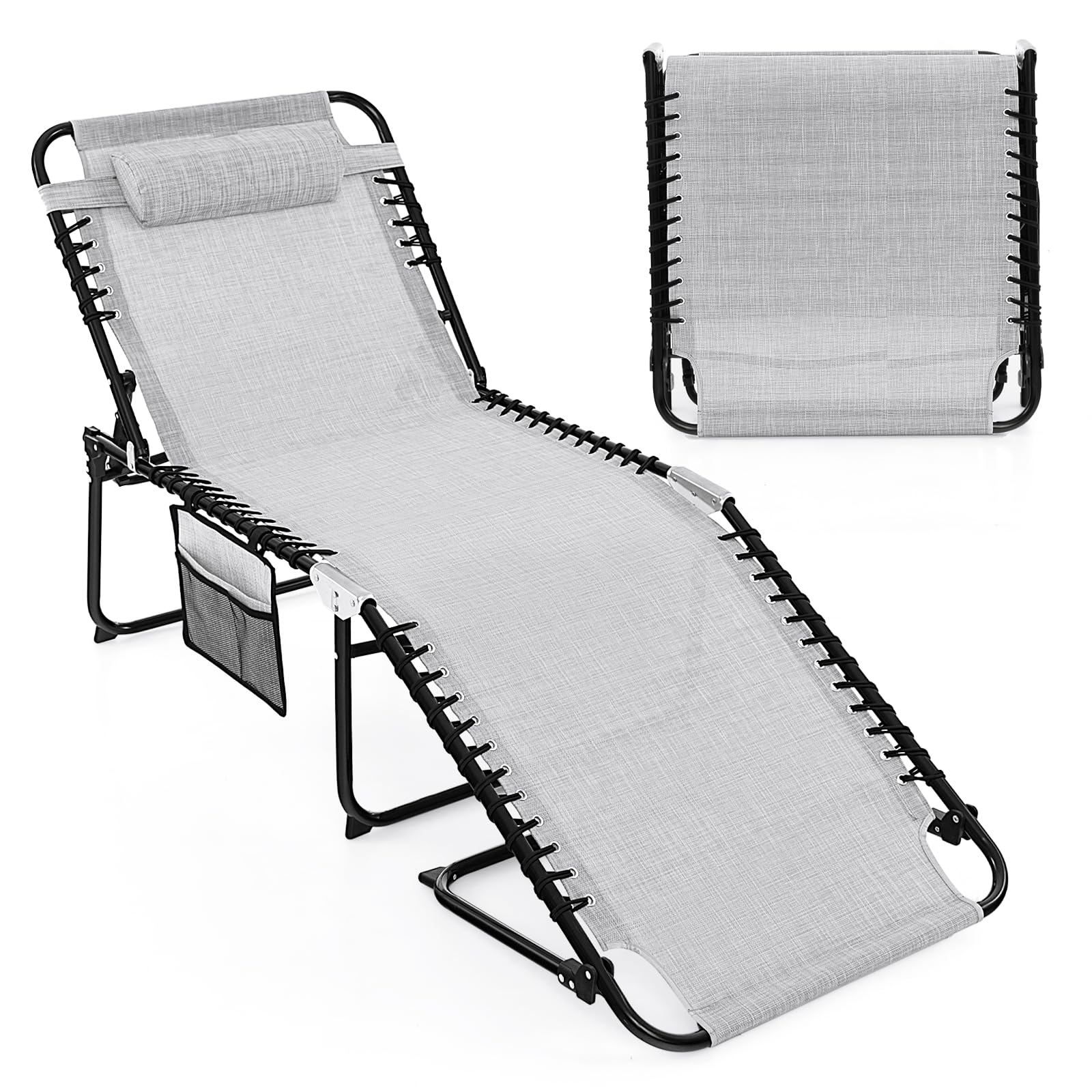 Goplus Chaise Lounge Chair Outdoor, Extra Large Folding 5-Postion Beach Lounge Chair with Detachable Pillow, Side Pocket, Sunbathing Lounge Chair, Adjustable Tanning Chair for Patio Lawn Pool Yard