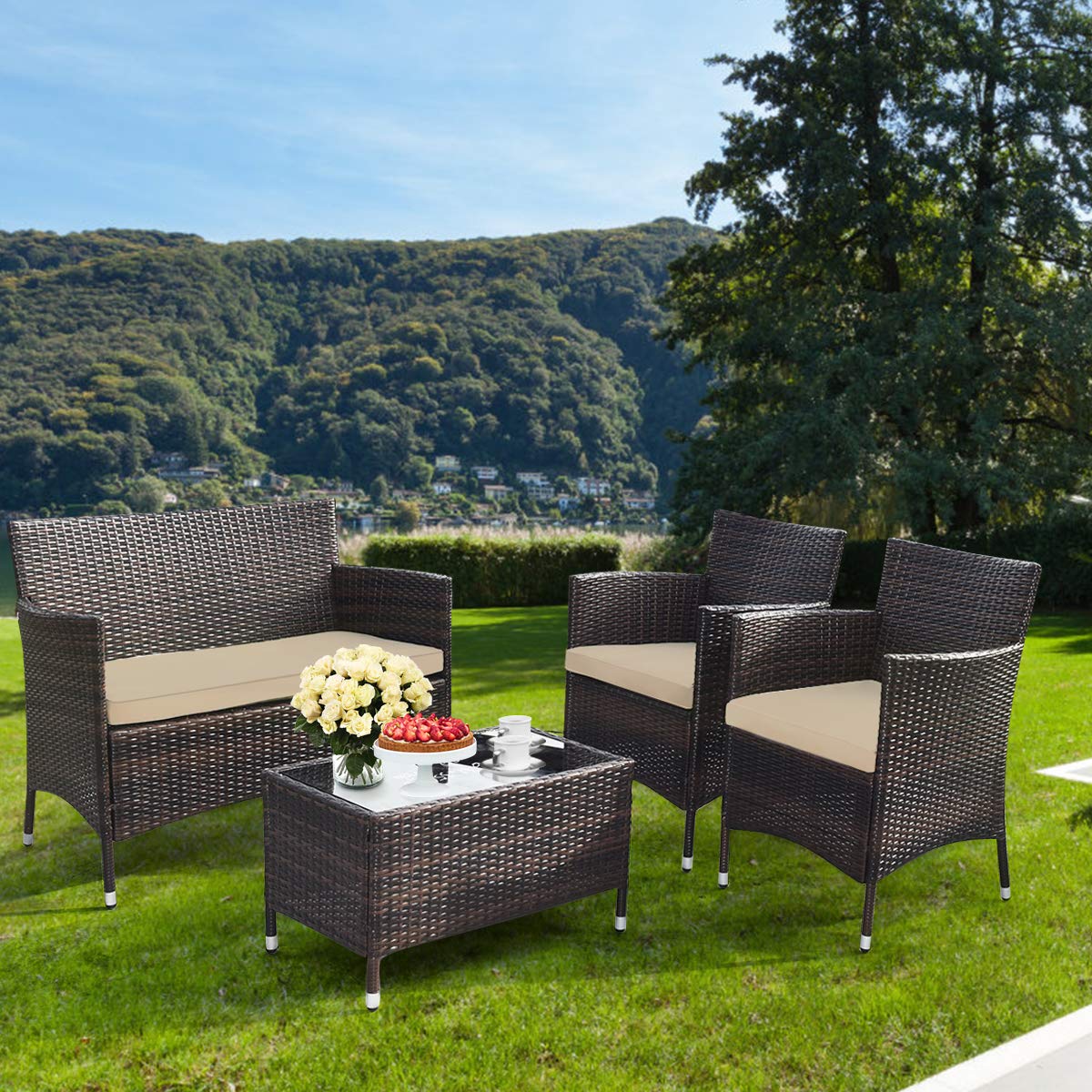 HAPPYGRILL 4-Piece Patio Furniture Set Outdoor Rattan Wicker Conversation Set with Cushioned Sofa and Coffee Table for Porch Backyard Garden Poolside