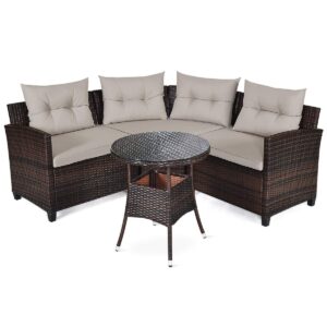 happygrill 4pcs curved outdoor sofa set rattan wicker patio furniture set with coffee table & cushions modern conversation set curved sofa set for garden poolside balcony