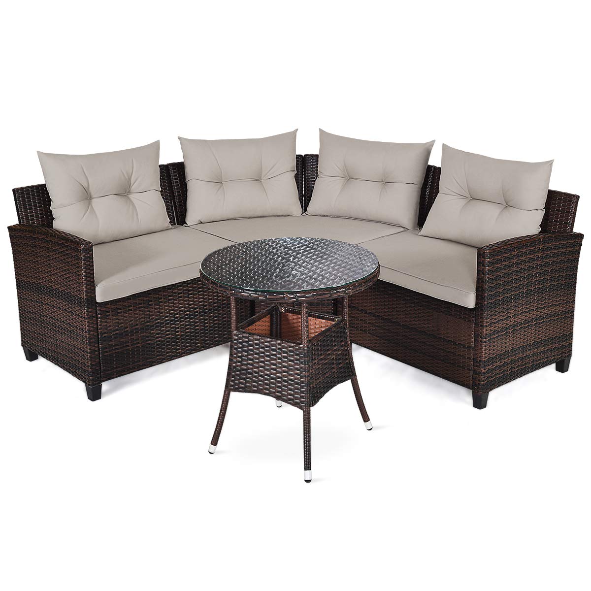 HAPPYGRILL 4PCS Curved Outdoor Sofa Set Rattan Wicker Patio Furniture Set with Coffee Table & Cushions Modern Conversation Set Curved Sofa Set for Garden Poolside Balcony