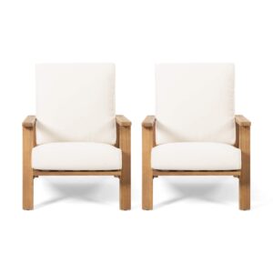 christopher knight home earlean outdoor club chairs with cushions (set of 2), teak finish, beige