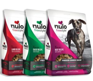 nulo freeze dried raw dog food variety pack: natural grain free formula with ganedenbc30 probiotics for digestive & immune health - all ages & breeds - 3 x 5oz bags (beef, lamb, duck)