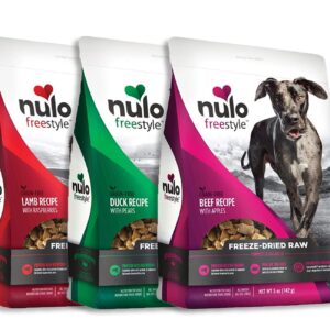 Nulo Freeze Dried Raw Dog Food Variety Pack: Natural Grain Free Formula with GanedenBC30 Probiotics for Digestive & Immune Health - All Ages & Breeds - 3 x 5oz Bags (Beef, Lamb, Duck)