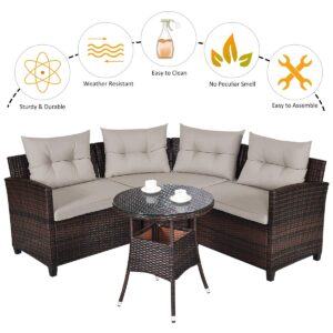 HAPPYGRILL 4PCS Curved Outdoor Sofa Set Rattan Wicker Patio Furniture Set with Coffee Table & Cushions Modern Conversation Set Curved Sofa Set for Garden Poolside Balcony