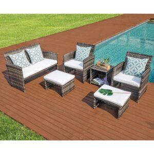 OC Orange-Casual Patio Furniture Wicker Conversation Set Pillows Included, Outdoor Loveseat Chairs with Ottomans, White Cushions w/Taupe Cushion Cover, Gray Wicker 6 Pieces