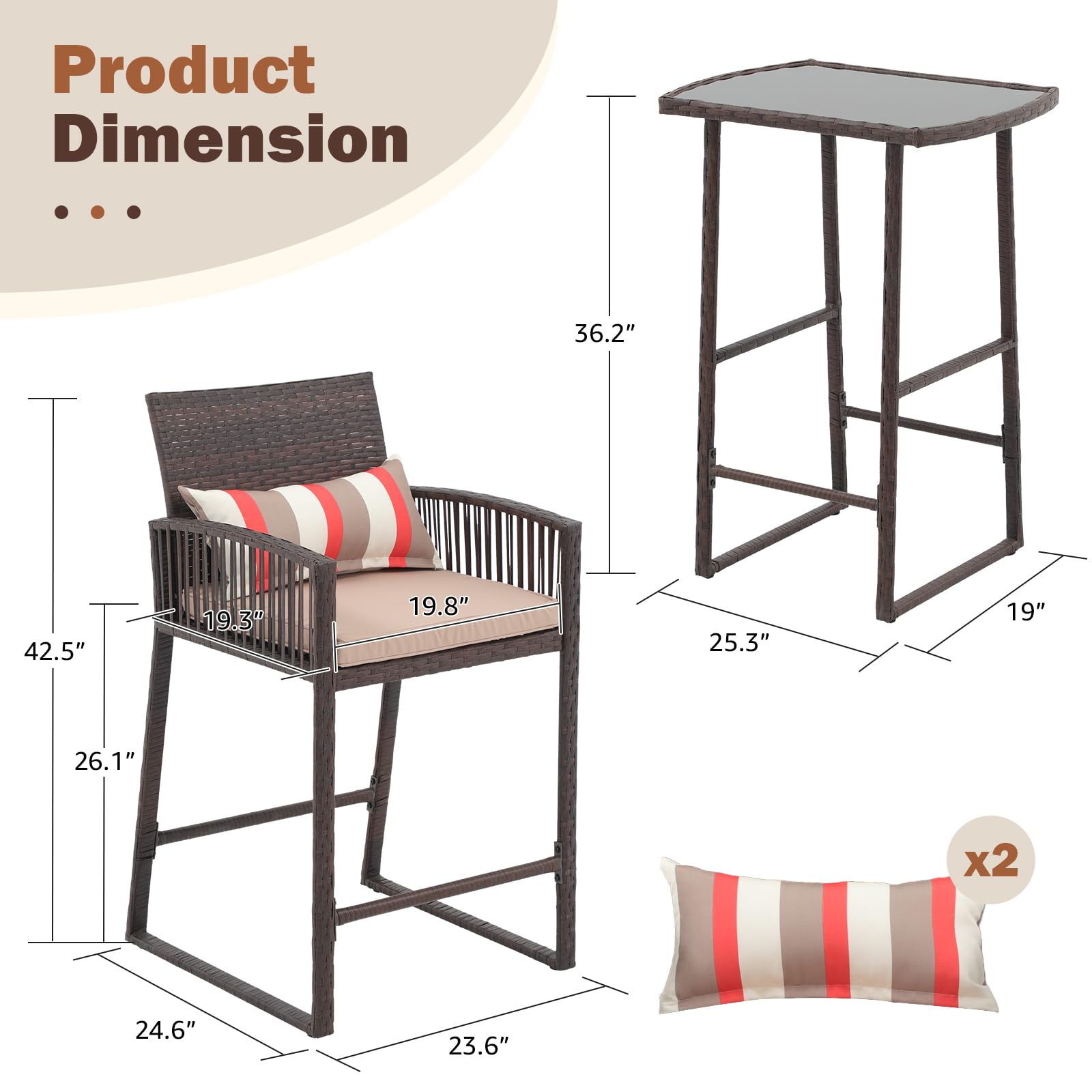 SUNSITT 3-Piece Outdoor Wicker Bar Height Table Set, 2 Bar Stools and 1 Pub Table with 2 Striped Pillows, Seat Cushions, Steel Frame