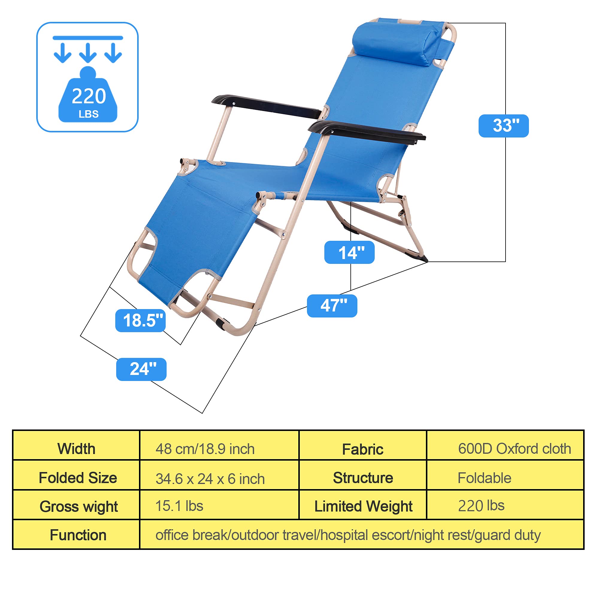 Livebest Set of 2 Lounge Chairs Folding Cot 2-in-1 Portable Reclining Beach Chair for Yard Garden Pool