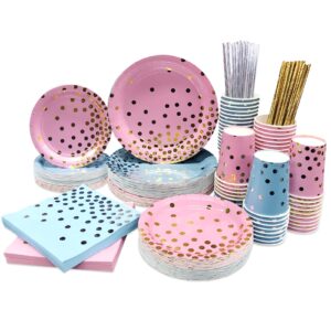 ottin gender reveal 250 pcs pink and blue paper plates and napkins set decorations for wedding boy or girl's birthday party baby shower bridal shower christmas new year valentine's day