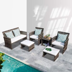 oc orange-casual patio furniture wicker conversation set pillows included, outdoor loveseat chairs with ottomans, white cushions w/taupe cushion cover, gray wicker 6 pieces