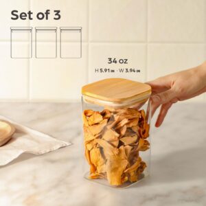 Praknu Kitchen Storage Jars 34oz - Set of 3 Bamboo Lid Storage Containers - Square Glass Food Storage Jars - Airtight Glass Pantry Storage