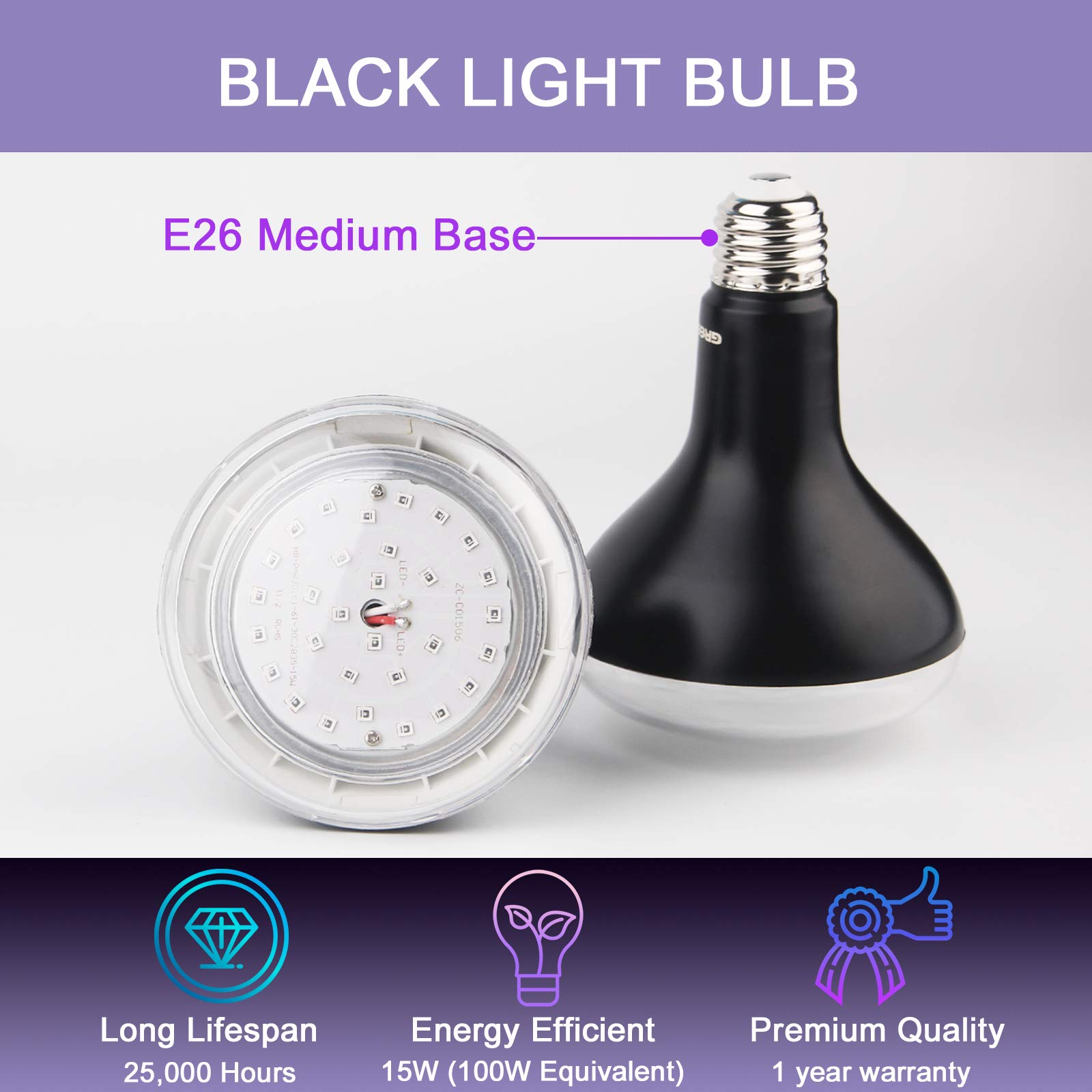 GREENIC LED UV Black Light Bulbs 15W(100w Equivalent) BR30 E26 Medium Base, UVA Level, 385-410nm, Glow-in-The-Dark UV Blacklight for Body Paints, Fluorescent Posters, Wedding Party(2 Pack)