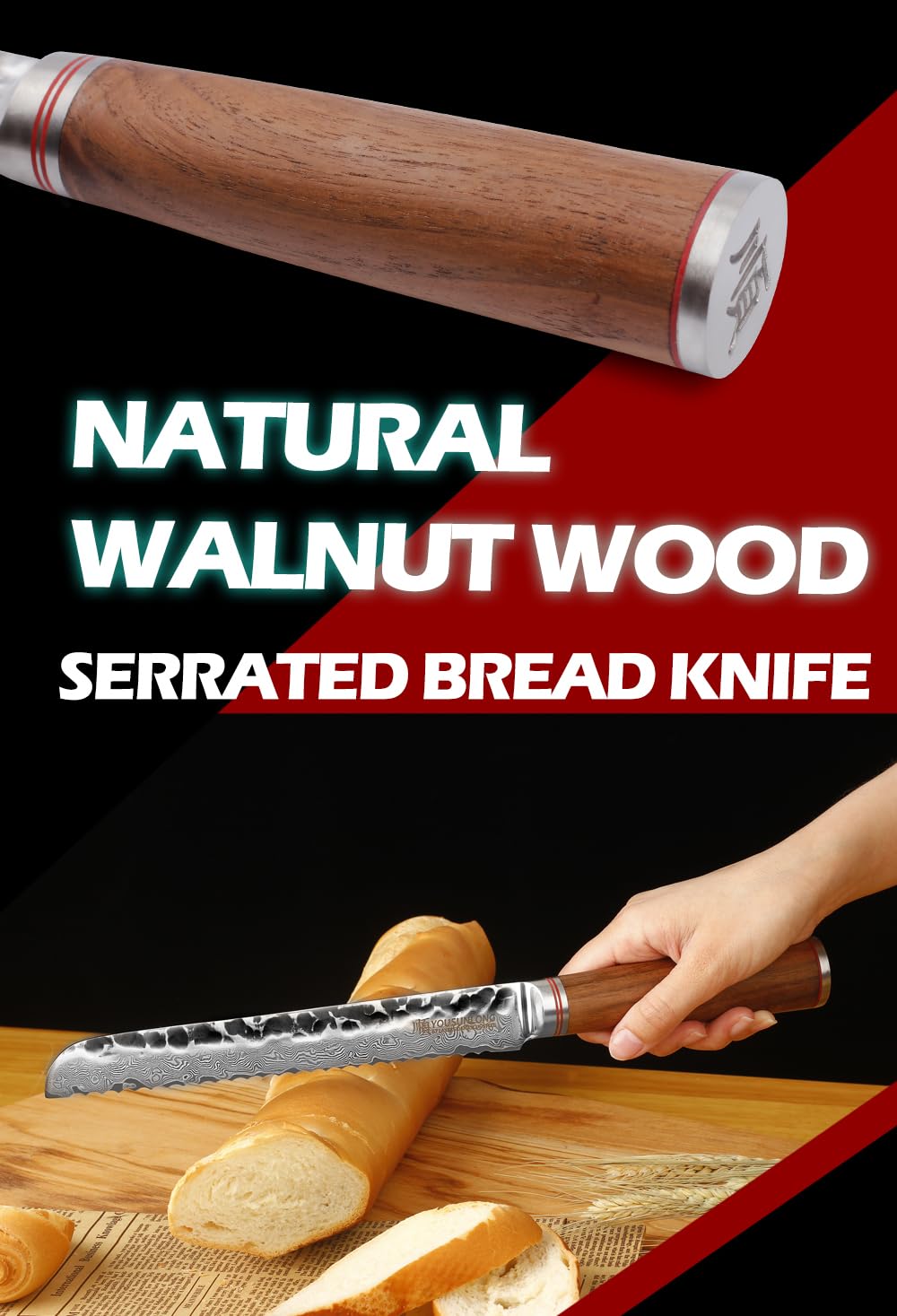 YOUSUNLONG Bread Knives 8 inch Serrated bread knife - Japanese Damascus Steel Natural Walnut Wood Handle - Cut bread, baguette, butter