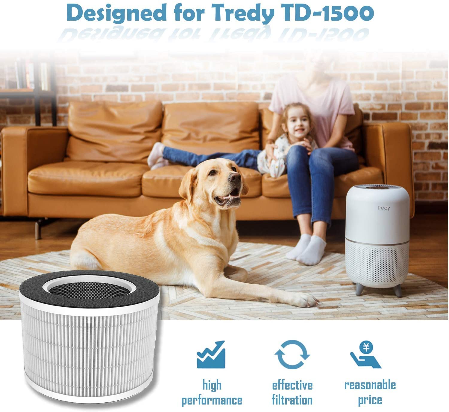 Tredy H13 Grade HEPA Air Purifier Replacement Filter for Smoke, Smokers, Dust, Odors, Pet Dander, TD-1500, 2 Pack