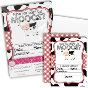 heard the moos red cow-themed birthday party invitations for kids, 20 5x7 fill in cards with twenty white envelopes by amandacreation