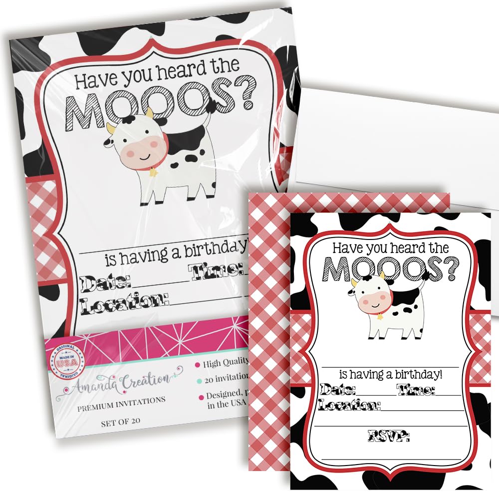 Heard the Moos Red Cow-Themed Birthday Party Invitations for Kids, 20 5x7 Fill In Cards with Twenty White Envelopes by AmandaCreation