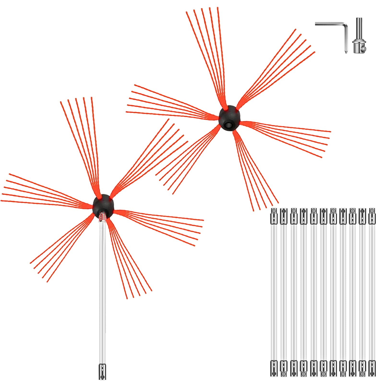 VEVOR Chimney Sweep Kit 39FT Length, Chimney Brush Kit with 12 Nylon Flexible Rods and 2 Brush Head, Rotary Chimney Cleaning Kit Driven by Drill, Chimney Brush Rod Kit for Sweeping Fireplace